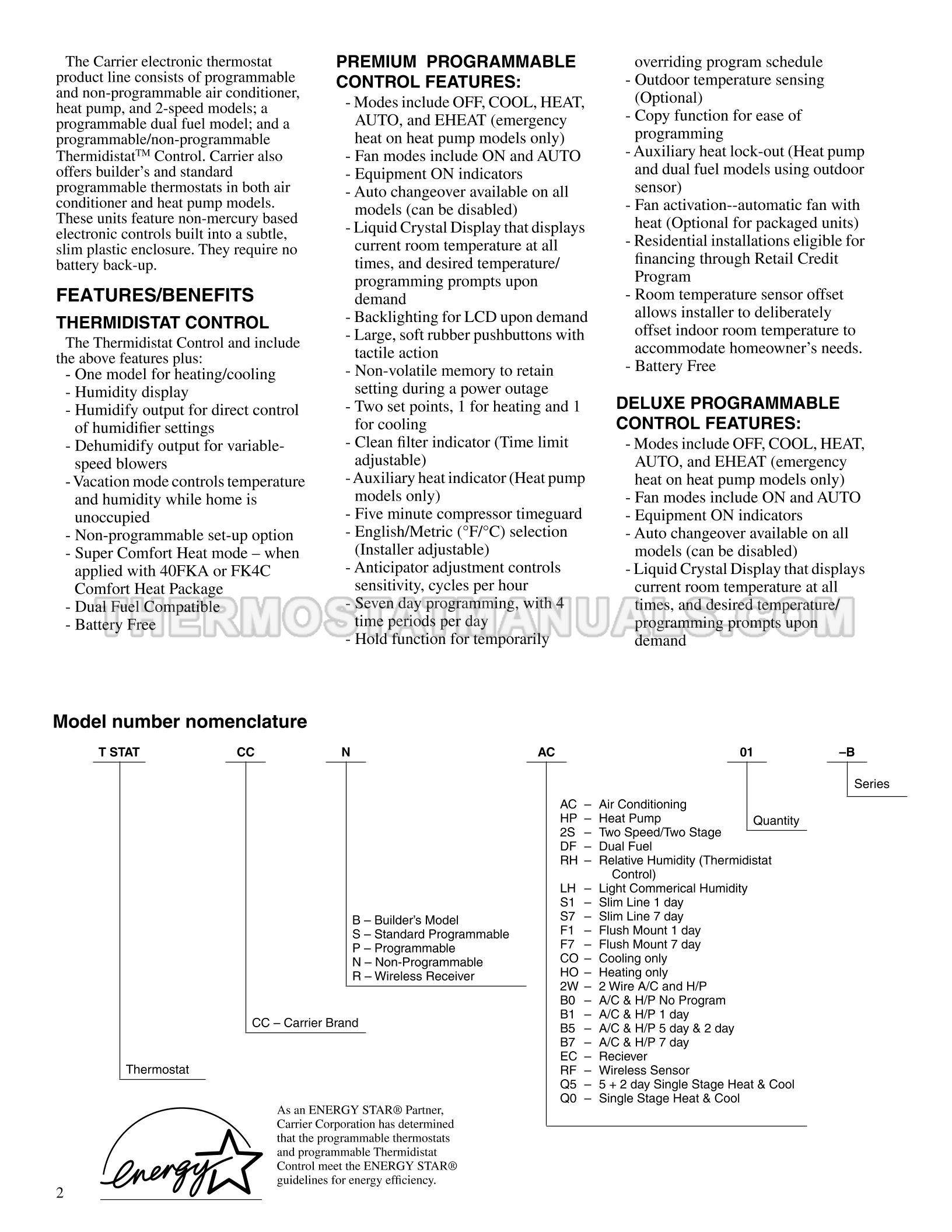 Carrier TSTATCCNQ001 Standard Product Data