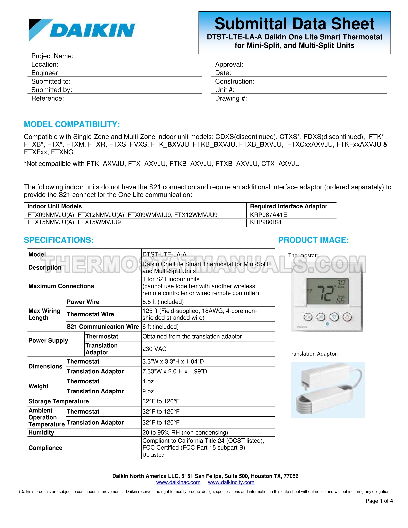 Daikin One Lite Thermostat Submittal Data Sheet