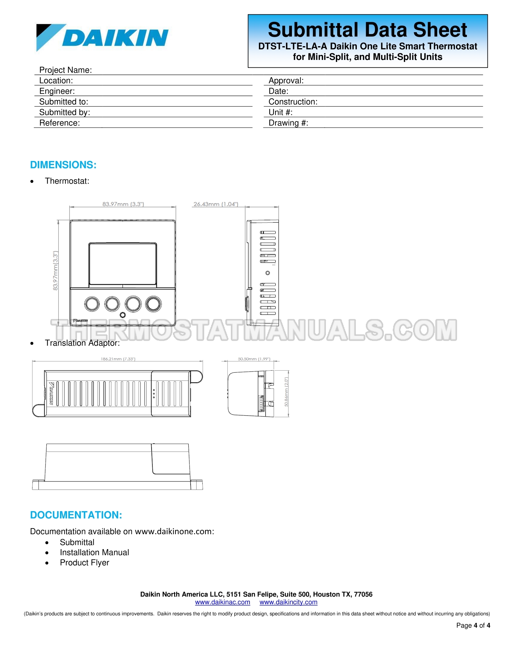 Daikin One Lite Thermostat Submittal Data Sheet