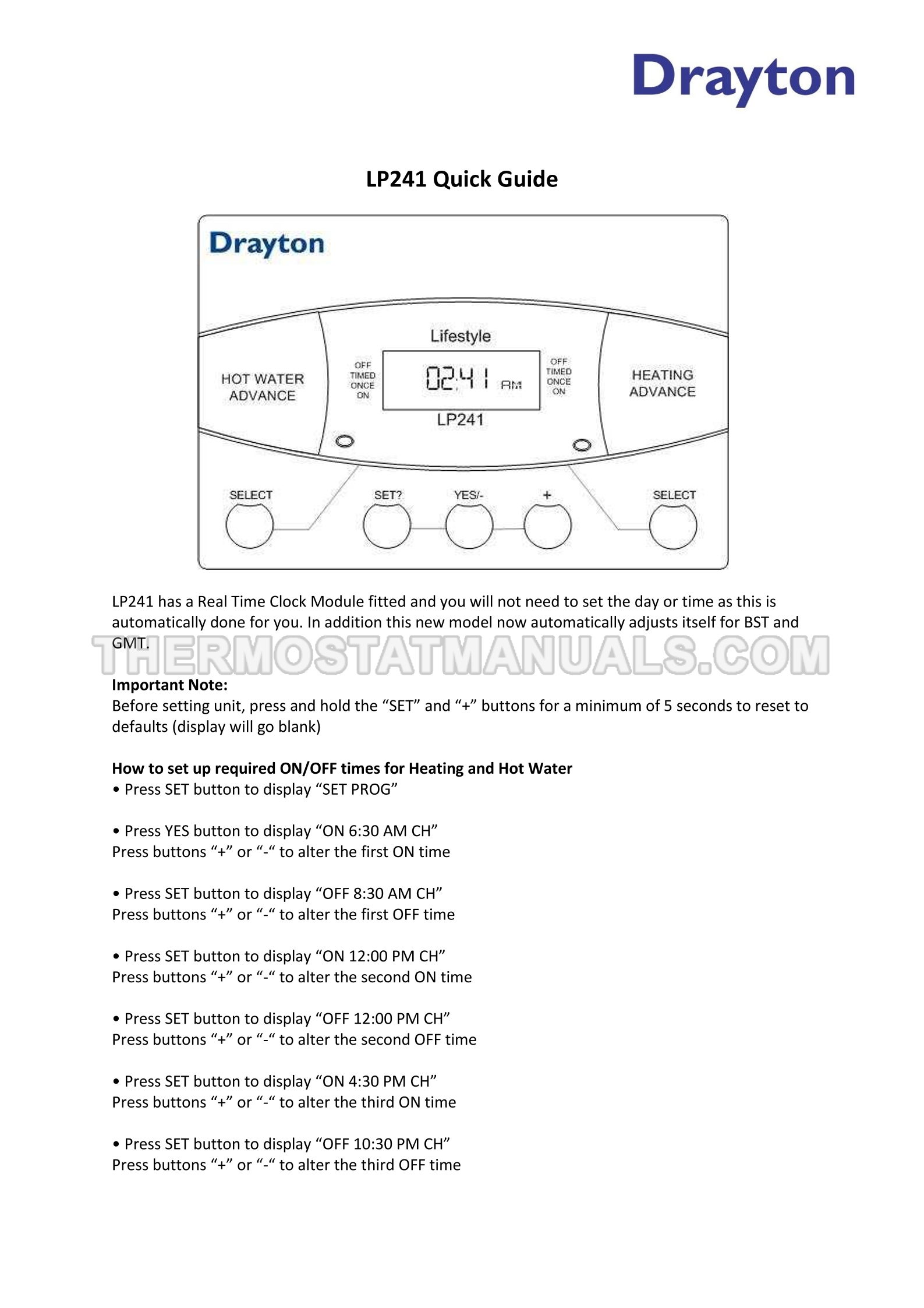 Drayton LP241 Lifestyle Thermostat Quick Guide