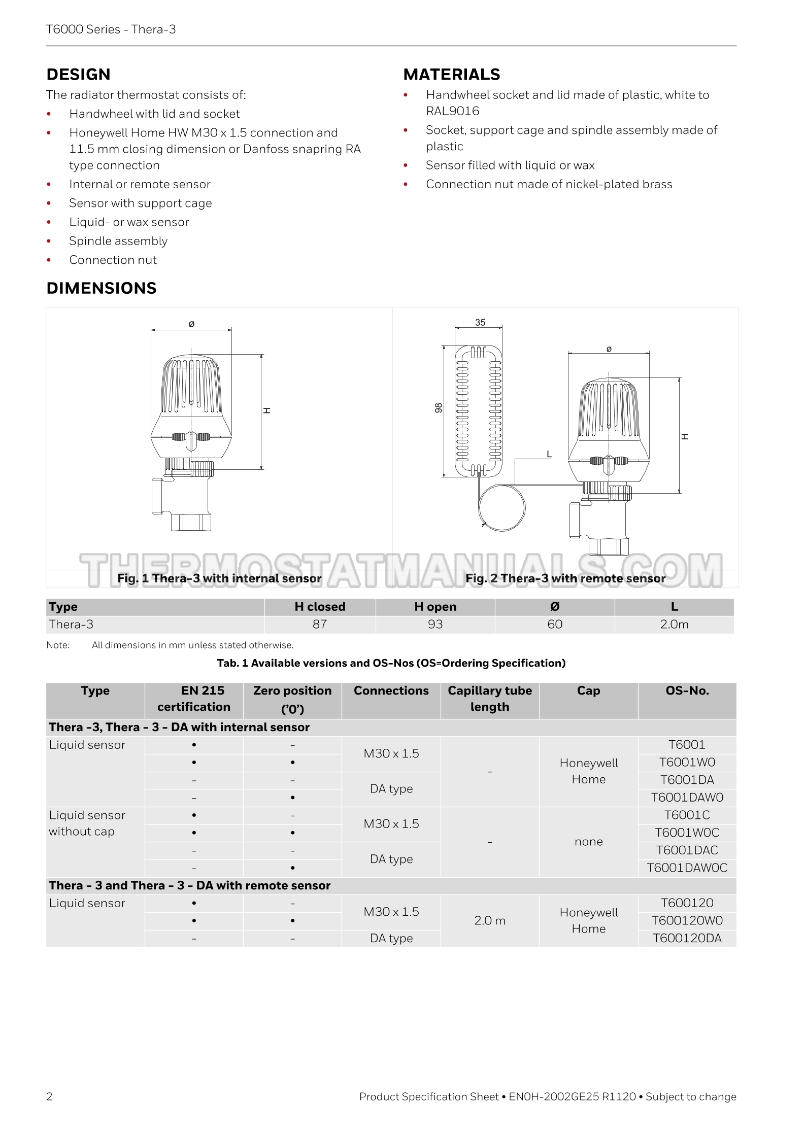 Honeywell T6000 Thermostat Specifications