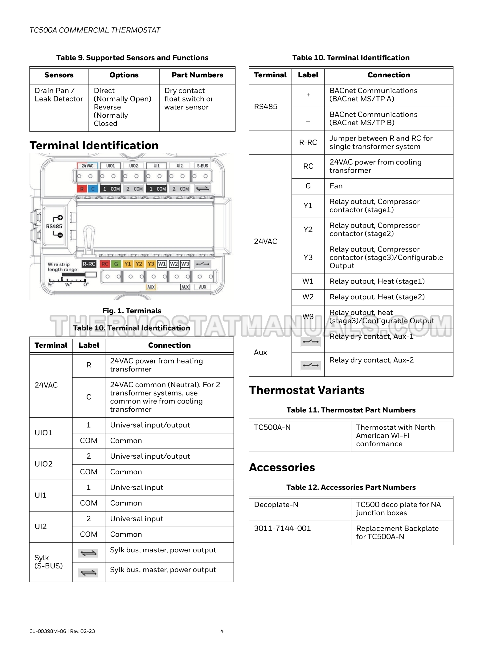 Honeywell TC500A-N Thermostat Specification Sheet